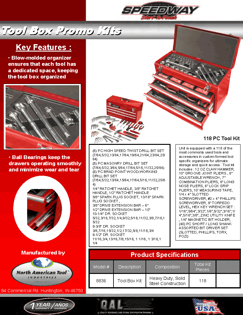 Speedway 3 Drawer Tool Chest With 118 Piece Tool Kit | Speedway 8836