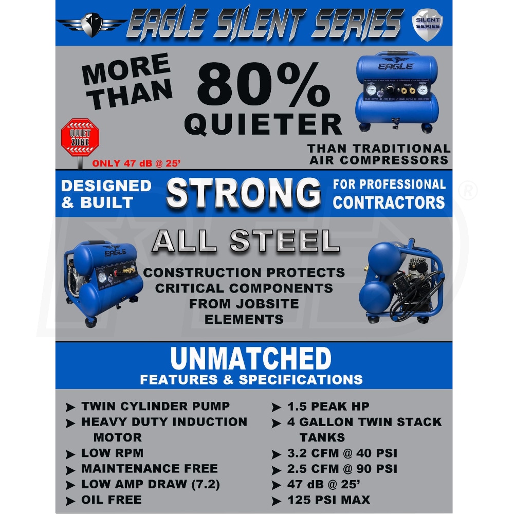 Eagle Silent Series 1-HP 4-Gallon Twin-Stack Air Compressor | Eagle EA-4000