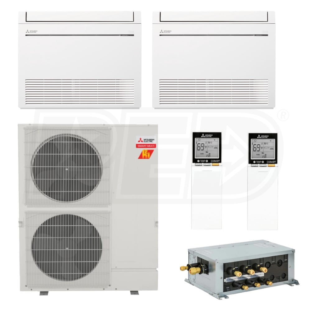 Mitsubishi Floor Mounted 2-Zone H2i System - 42,000 BTU Outdoor - 18k + 18k Indoor - 21.5 SEER2 ...
