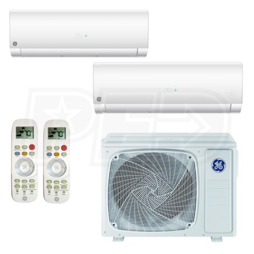 GE Wall Mounted 2-Zone System - 24,000 BTU Outdoor - 9k + 12k Indoor ...