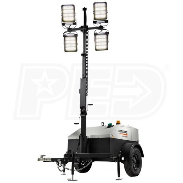 Generac Mobile 6kW Narrow Body Towable Diesel Vertical Mast LED Light Tower w/ AVR, Manual Winch ...